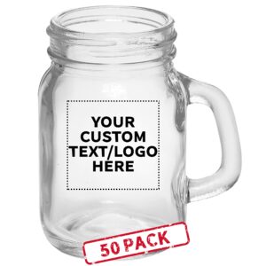 Custom Mason Jar with Handle Set 4.5 oz. Set of 50, Personalized Bulk Pack - Sampler Glasses, Glass Jars for Overnight Oats, Candies, Fruits, Pickles, Spices, Beverages - Clear