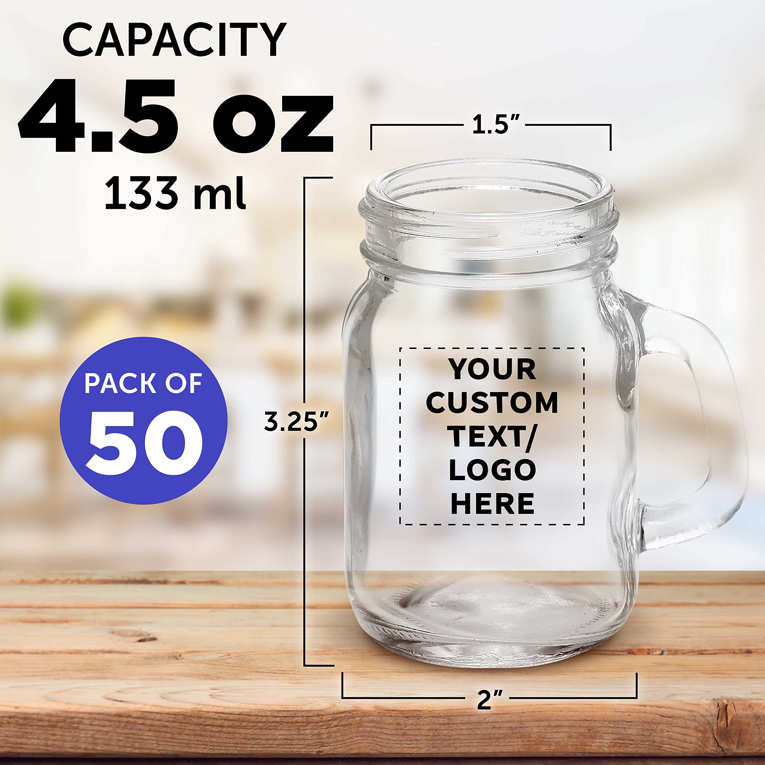 Custom Mason Jar with Handle Set 4.5 oz. Set of 50, Personalized Bulk Pack - Sampler Glasses, Glass Jars for Overnight Oats, Candies, Fruits, Pickles, Spices, Beverages - Clear