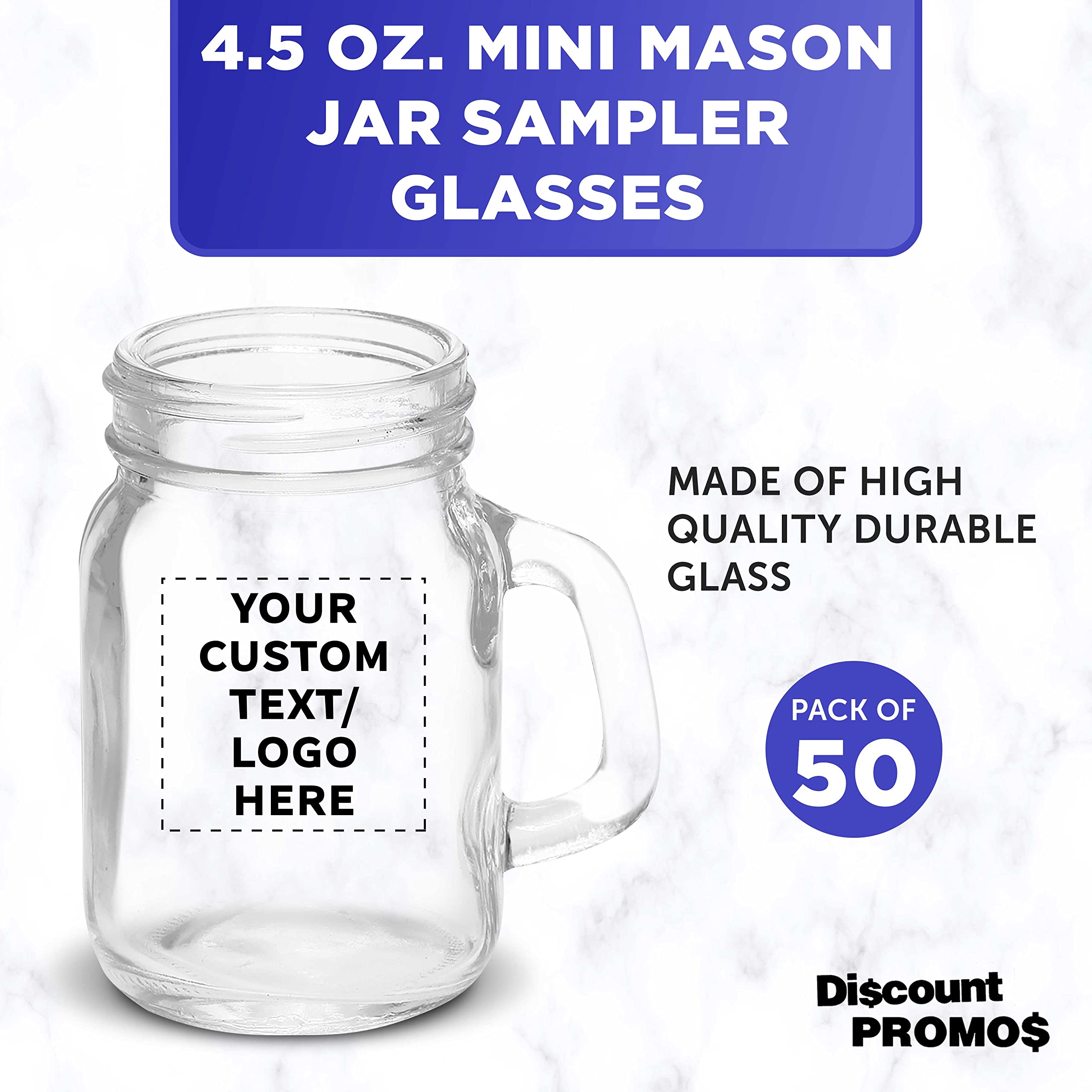 Custom Mason Jar with Handle Set 4.5 oz. Set of 50, Personalized Bulk Pack - Sampler Glasses, Glass Jars for Overnight Oats, Candies, Fruits, Pickles, Spices, Beverages - Clear