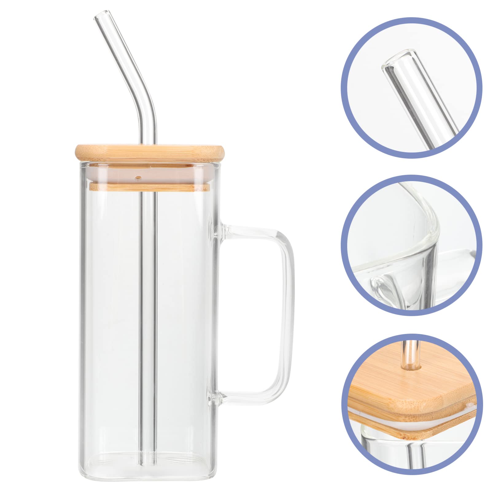 UPKOCH Mason Jar Cups Square Mouth Drinking Mug with Handle Lid and Portable Water Beverage Juice Cup Coffee Milk Mug for Home Office Travel