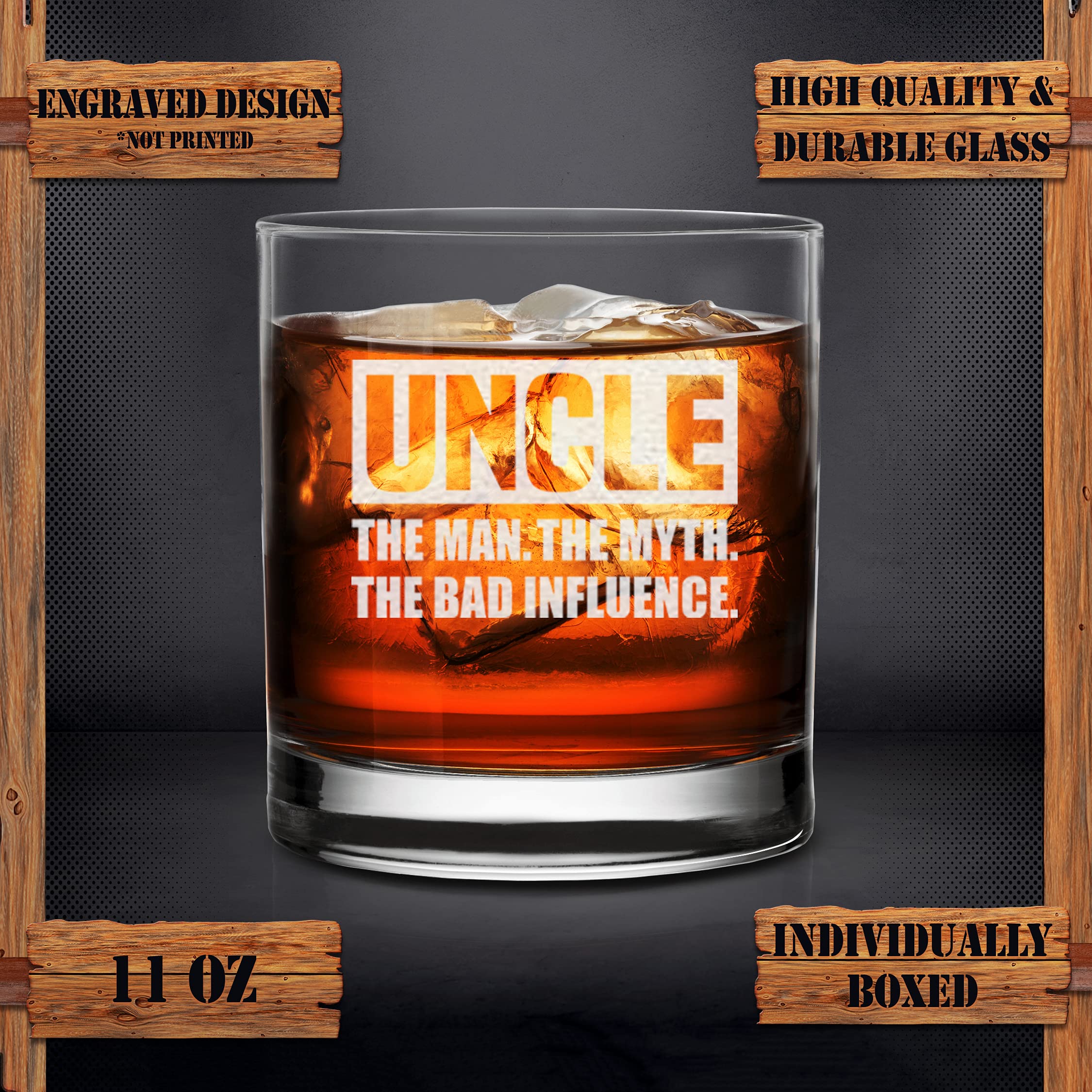 NeeNoNex Uncle The Man The Myth The Bad Influence Whiskey Glass - Sarcastic Gift for Uncles