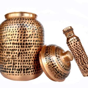 Rastogi Handicrafts pure copper Hammered water storage Tank Brown pot 4 liter capacity with Tumble and Copper Bottle