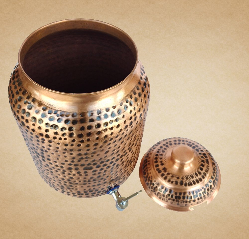 Rastogi Handicrafts pure copper Hammered water storage Tank Brown pot 4 liter capacity with Tumble and Copper Bottle