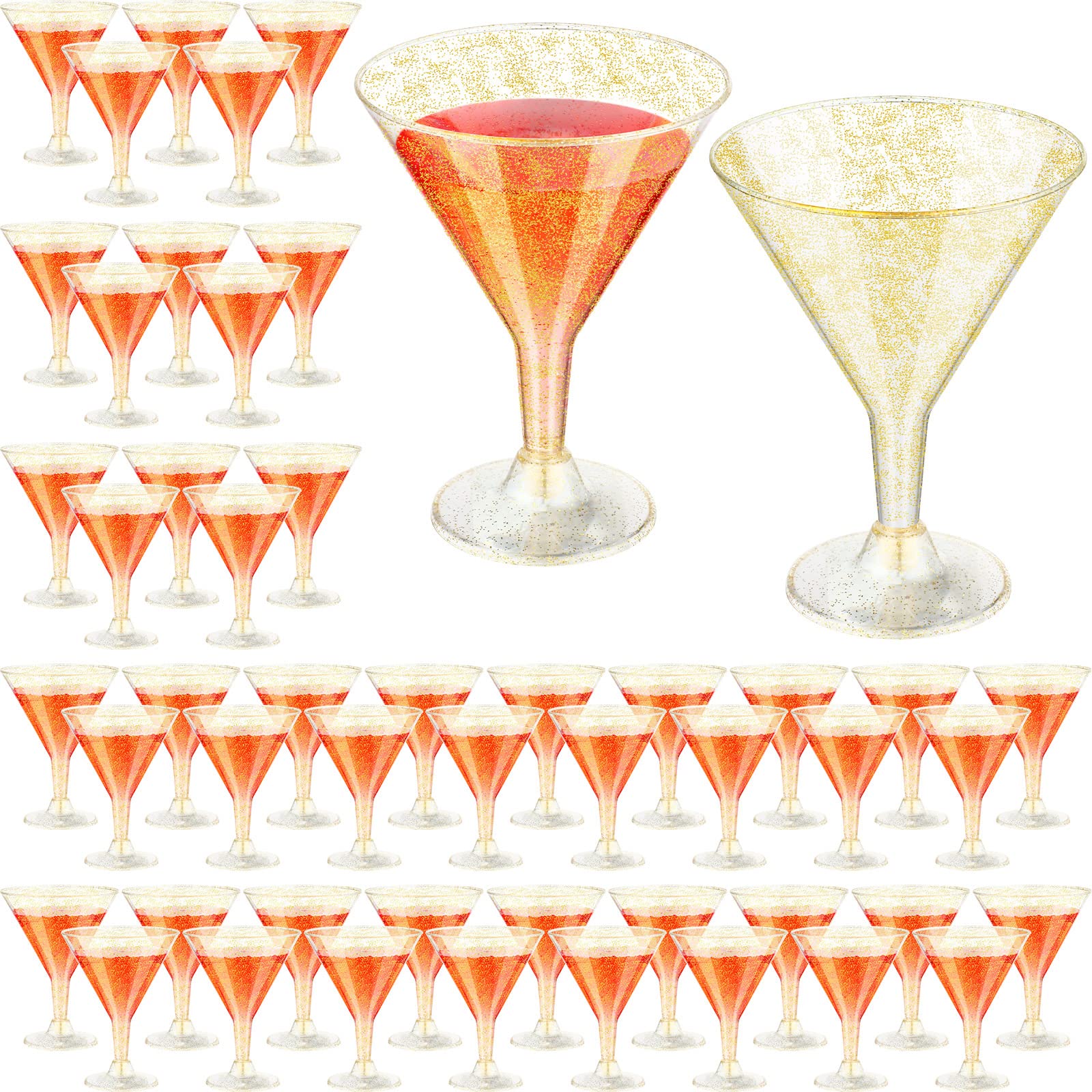 Sumind 100 Pcs Gold Glitter Martini Plastic Glasses 6.5 oz Disposable Cocktail Cups Stemmed Mini Margarita Glasses for Birthday Wedding Parties Wine Champagne Dessert Mousse Supply