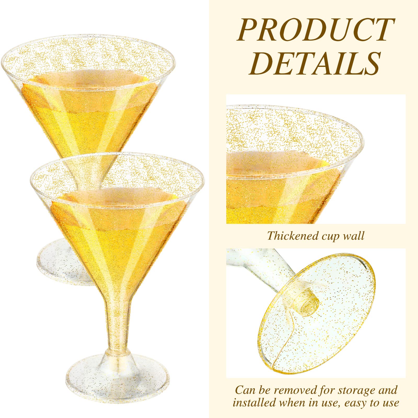 Sumind 100 Pcs Gold Glitter Martini Plastic Glasses 6.5 oz Disposable Cocktail Cups Stemmed Mini Margarita Glasses for Birthday Wedding Parties Wine Champagne Dessert Mousse Supply