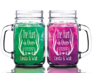 the hunt is over personalized 16oz mason jar set of 2 custom country wedding glass mugs for his her bride groom gift for custom wedding honeymoon first