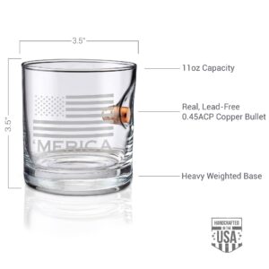 BenShot 'Merica Rocks Glass with Real 0.45ACP Bullet - 11oz | Made in the USA [Set of 2]