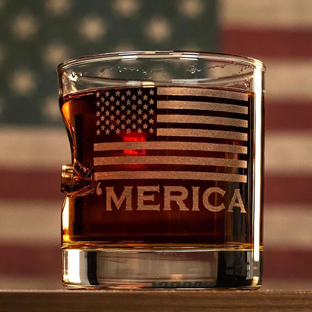 BenShot 'Merica Rocks Glass with Real 0.45ACP Bullet - 11oz | Made in the USA [Set of 2]