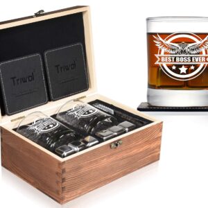 Best Boss Ever Whiskey Glass Stones Gifts for Boss, Funny Men's Christmas Birthday Day Gifts for Boss Supervisor Office Administrator Mentor Manager Coach Friends, Bourbon Scotch Glass Gift Set