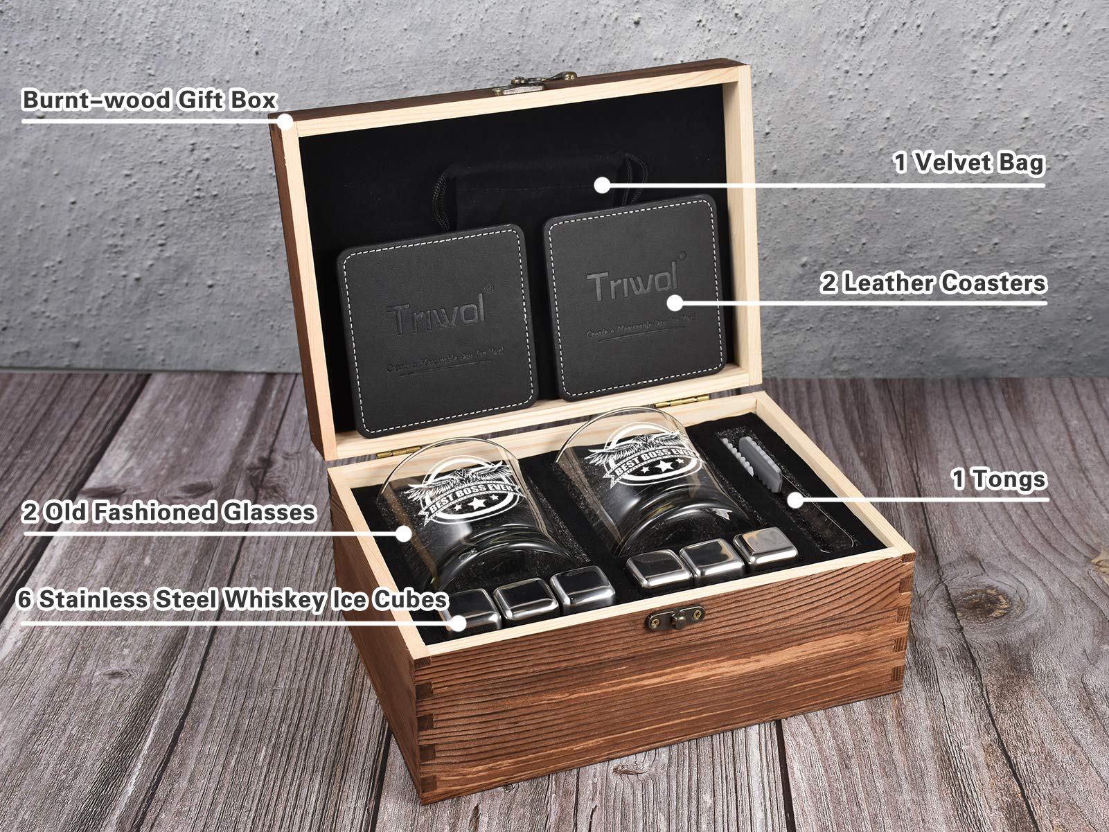 Best Boss Ever Whiskey Glass Stones Gifts for Boss, Funny Men's Christmas Birthday Day Gifts for Boss Supervisor Office Administrator Mentor Manager Coach Friends, Bourbon Scotch Glass Gift Set