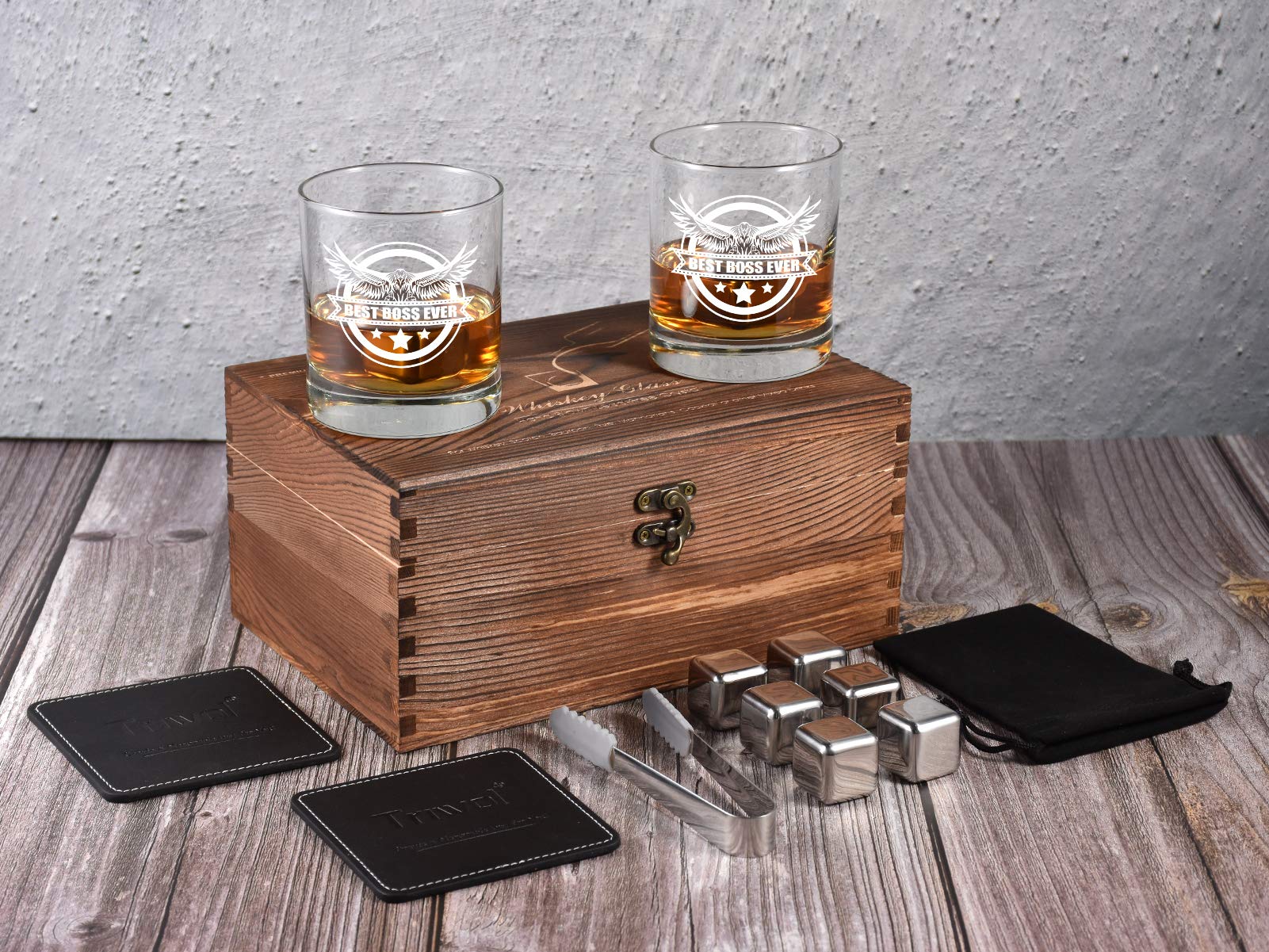 Best Boss Ever Whiskey Glass Stones Gifts for Boss, Funny Men's Christmas Birthday Day Gifts for Boss Supervisor Office Administrator Mentor Manager Coach Friends, Bourbon Scotch Glass Gift Set