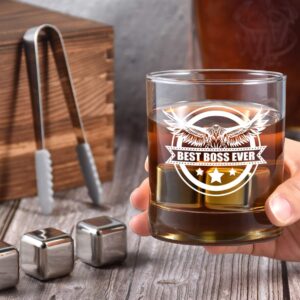 Best Boss Ever Whiskey Glass Stones Gifts for Boss, Funny Men's Christmas Birthday Day Gifts for Boss Supervisor Office Administrator Mentor Manager Coach Friends, Bourbon Scotch Glass Gift Set