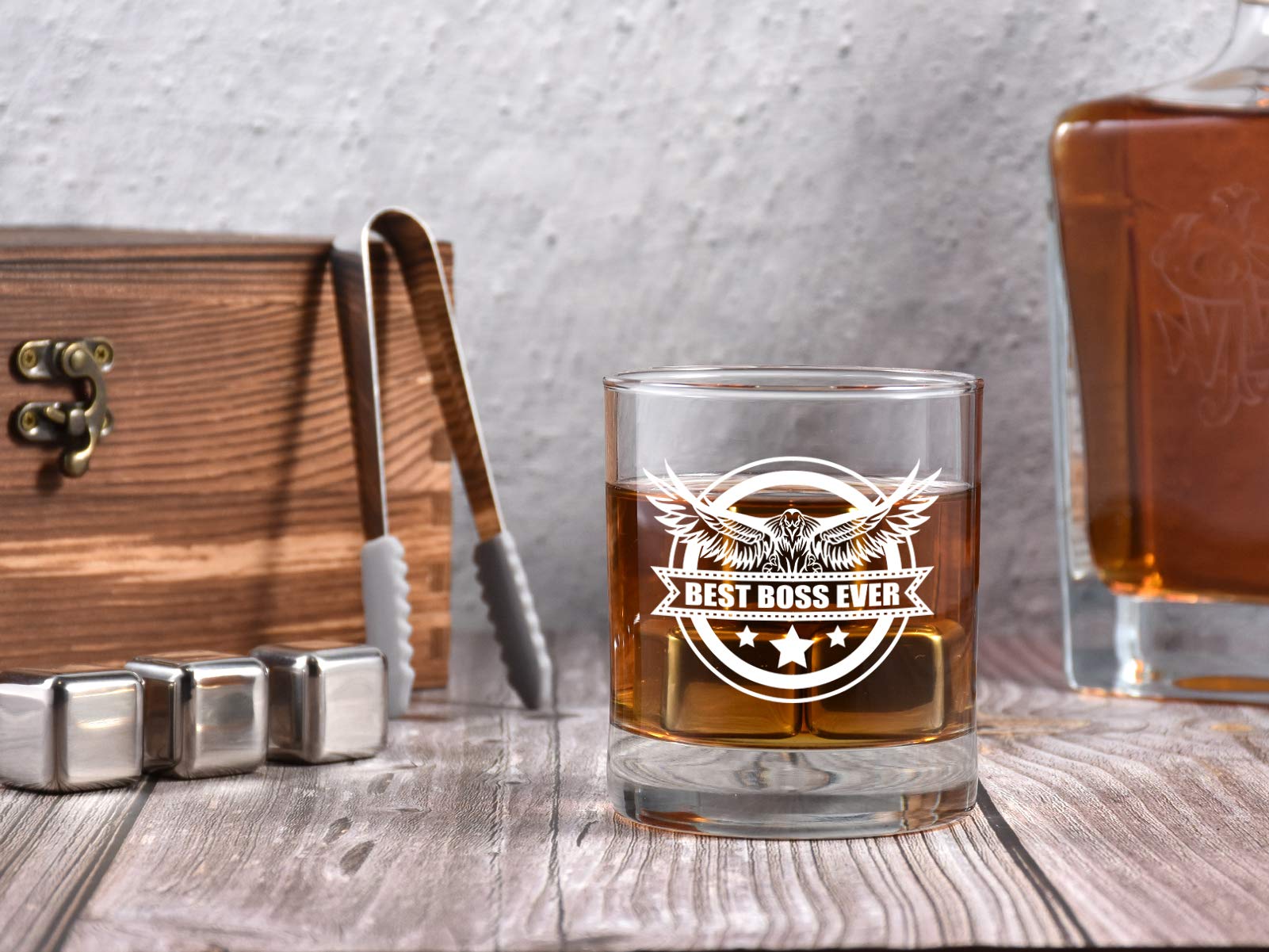 Best Boss Ever Whiskey Glass Stones Gifts for Boss, Funny Men's Christmas Birthday Day Gifts for Boss Supervisor Office Administrator Mentor Manager Coach Friends, Bourbon Scotch Glass Gift Set