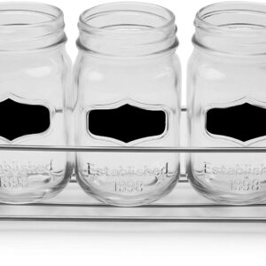 Circleware Chalkboard Mason Jar Glasses with Metal Holder Stand, Set of 4, Home & Kitchen Farmhouse Décor Drink Tumblers for Water, Beer and Beverages, 17 oz, 69075