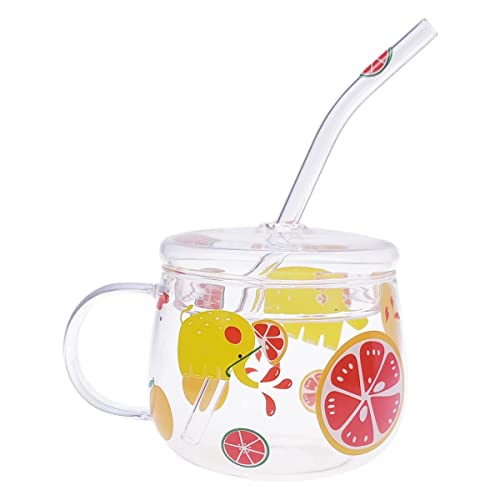 JHNIF 10 Oz Lovely Citrus Lemon Clear Glass Mug with Lid and Straw.