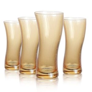 joeyan water juice cocktail drinking glasses cups,origami style glassware,ripple highball glass,modern ribbed tumblers for iced tea coffee beverages wine beer,hand made,13.5 oz,set of 4,amber