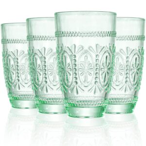 bekith 4 pack colored romantic drinking glasses, 14.5 oz tall water glasses, embossed tumblers for beverage, beer, soda, cocktails, vintage glassware set for dinner parties, bars, green