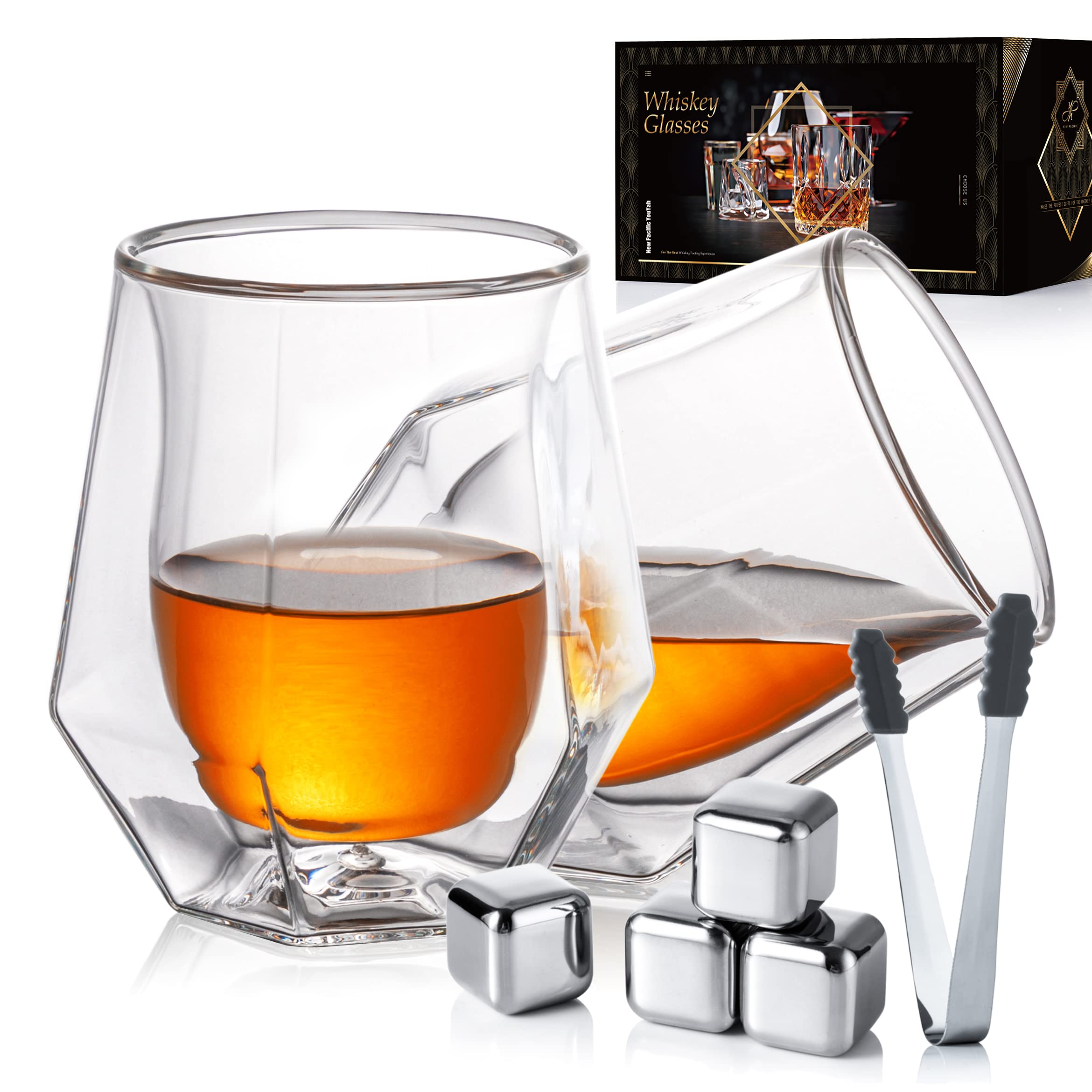 YouYah Whiskey Glasses Set of 2 - Double Walled Crystal Whisky Glasses with 4 Stainless Steel Ice Cubes & Tong,Rocks Glass,Gifts for Men,Lowball Bar Glass for Brandy,Cocktail,Vodka,Bourbon(6.7oz)