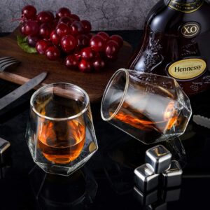 YouYah Whiskey Glasses Set of 2 - Double Walled Crystal Whisky Glasses with 4 Stainless Steel Ice Cubes & Tong,Rocks Glass,Gifts for Men,Lowball Bar Glass for Brandy,Cocktail,Vodka,Bourbon(6.7oz)