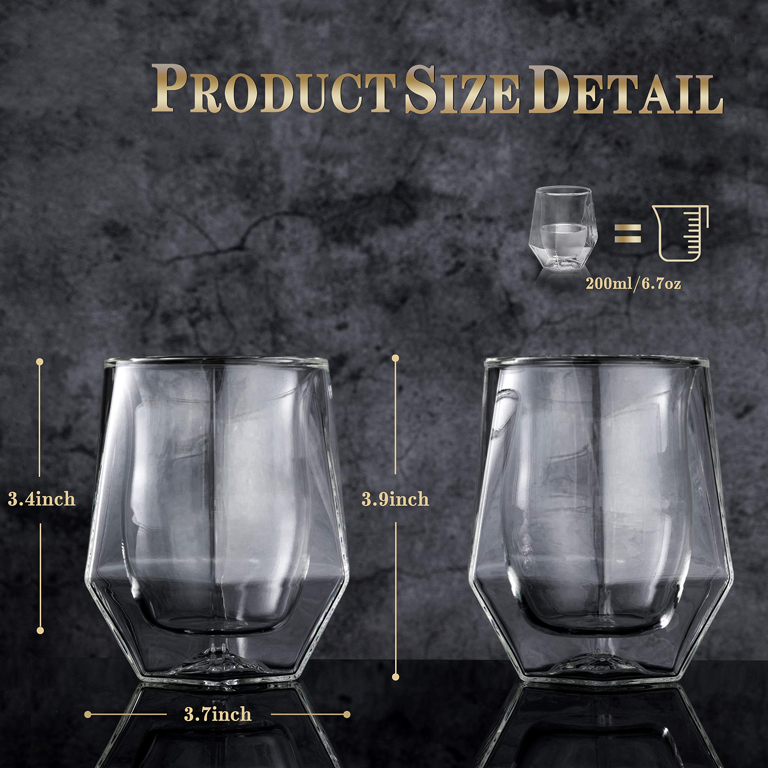 YouYah Whiskey Glasses Set of 2 - Double Walled Crystal Whisky Glasses with 4 Stainless Steel Ice Cubes & Tong,Rocks Glass,Gifts for Men,Lowball Bar Glass for Brandy,Cocktail,Vodka,Bourbon(6.7oz)