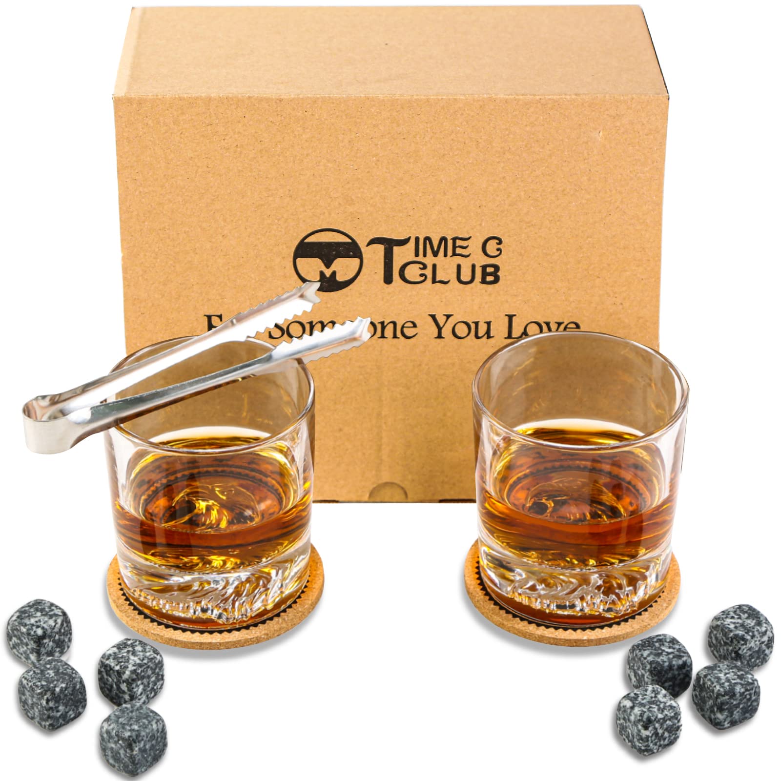 M TIME C CLUB Whiskey Stones and Whiskey Glass Gift Set, 8 Granite Chilling Rocks with 2 Crystal Glasses 10.6oz, 2 Slate Coasters and Metal Tongs, Reusable Ice Cubes for Drinks, Bourbon Gifts for Men