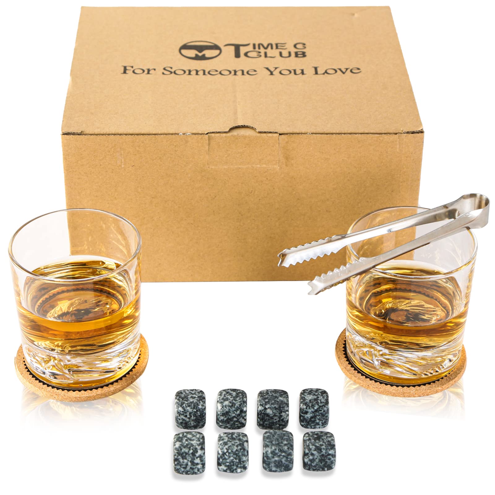 M TIME C CLUB Whiskey Stones and Whiskey Glass Gift Set, 8 Granite Chilling Rocks with 2 Crystal Glasses 10.6oz, 2 Slate Coasters and Metal Tongs, Reusable Ice Cubes for Drinks, Bourbon Gifts for Men