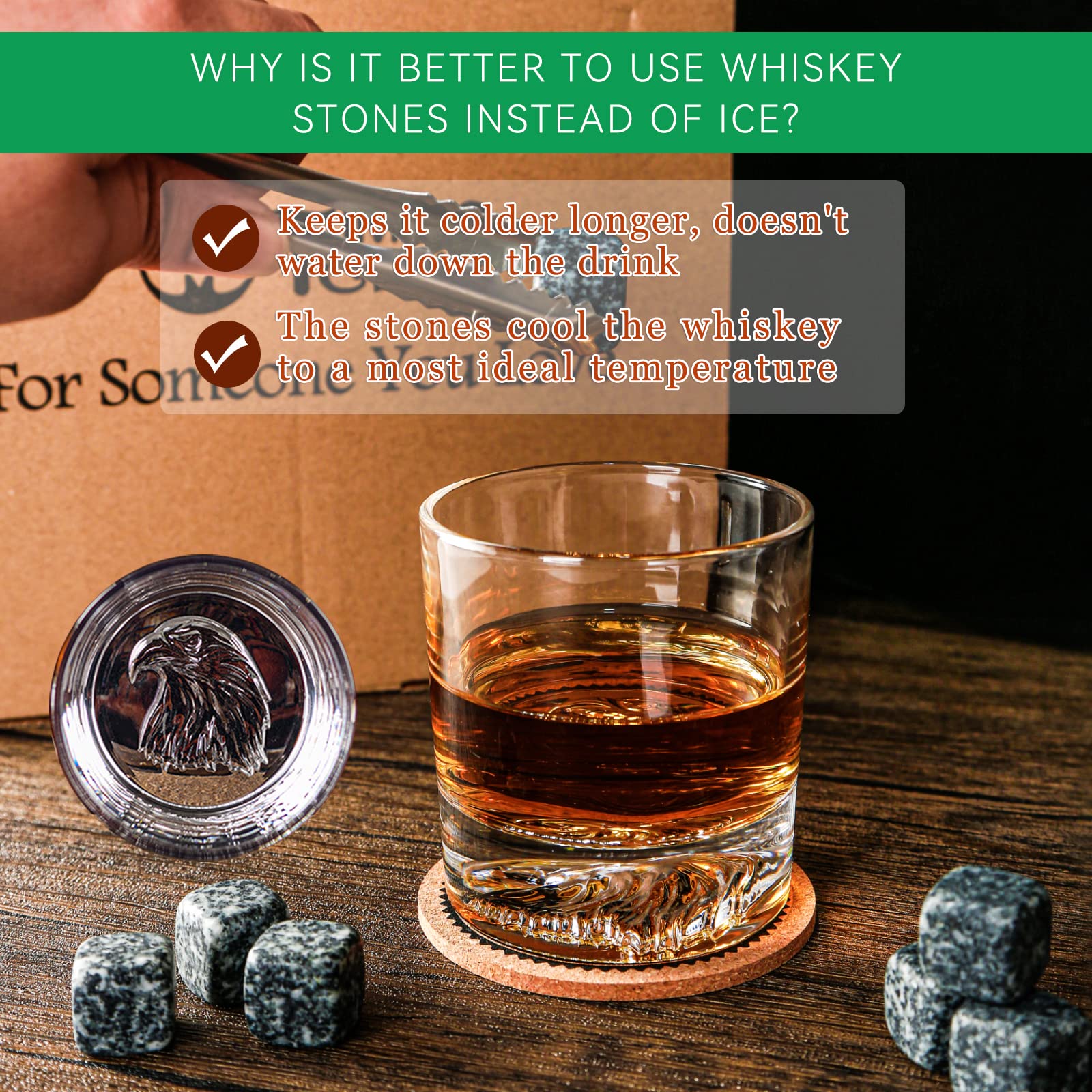 M TIME C CLUB Whiskey Stones and Whiskey Glass Gift Set, 8 Granite Chilling Rocks with 2 Crystal Glasses 10.6oz, 2 Slate Coasters and Metal Tongs, Reusable Ice Cubes for Drinks, Bourbon Gifts for Men