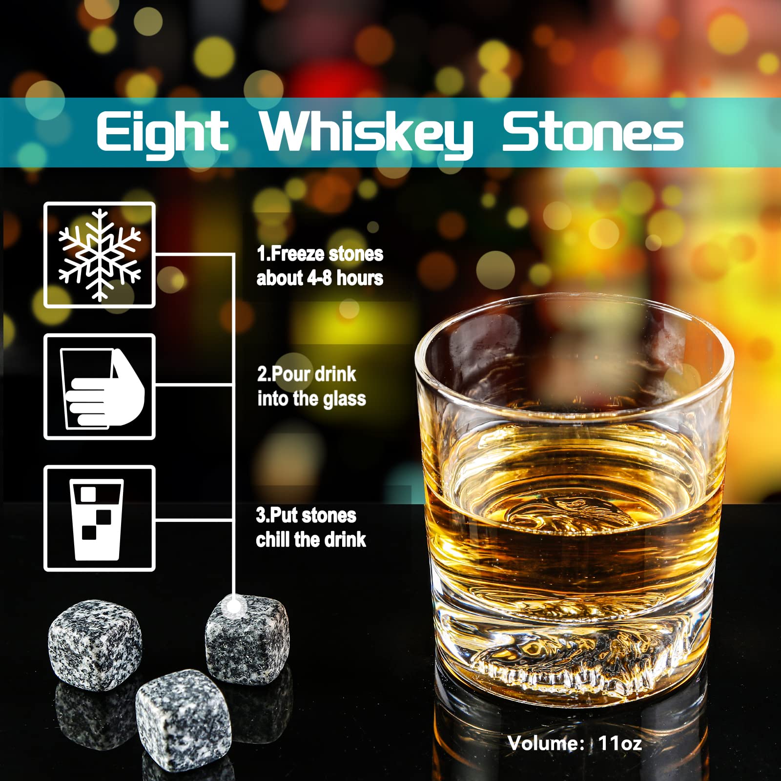 M TIME C CLUB Whiskey Stones and Whiskey Glass Gift Set, 8 Granite Chilling Rocks with 2 Crystal Glasses 10.6oz, 2 Slate Coasters and Metal Tongs, Reusable Ice Cubes for Drinks, Bourbon Gifts for Men