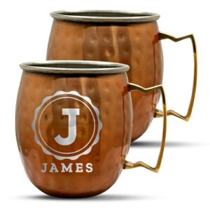 personalized custom brown mug hammered finish moscow mule with brass handle | stamp monogram engraved bar style cup, 18 oz | set of 2