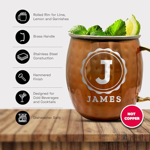 Personalized Custom Brown Mug Hammered Finish Moscow Mule with Brass Handle | Stamp Monogram Engraved Bar Style Cup, 18 oz | Set of 2