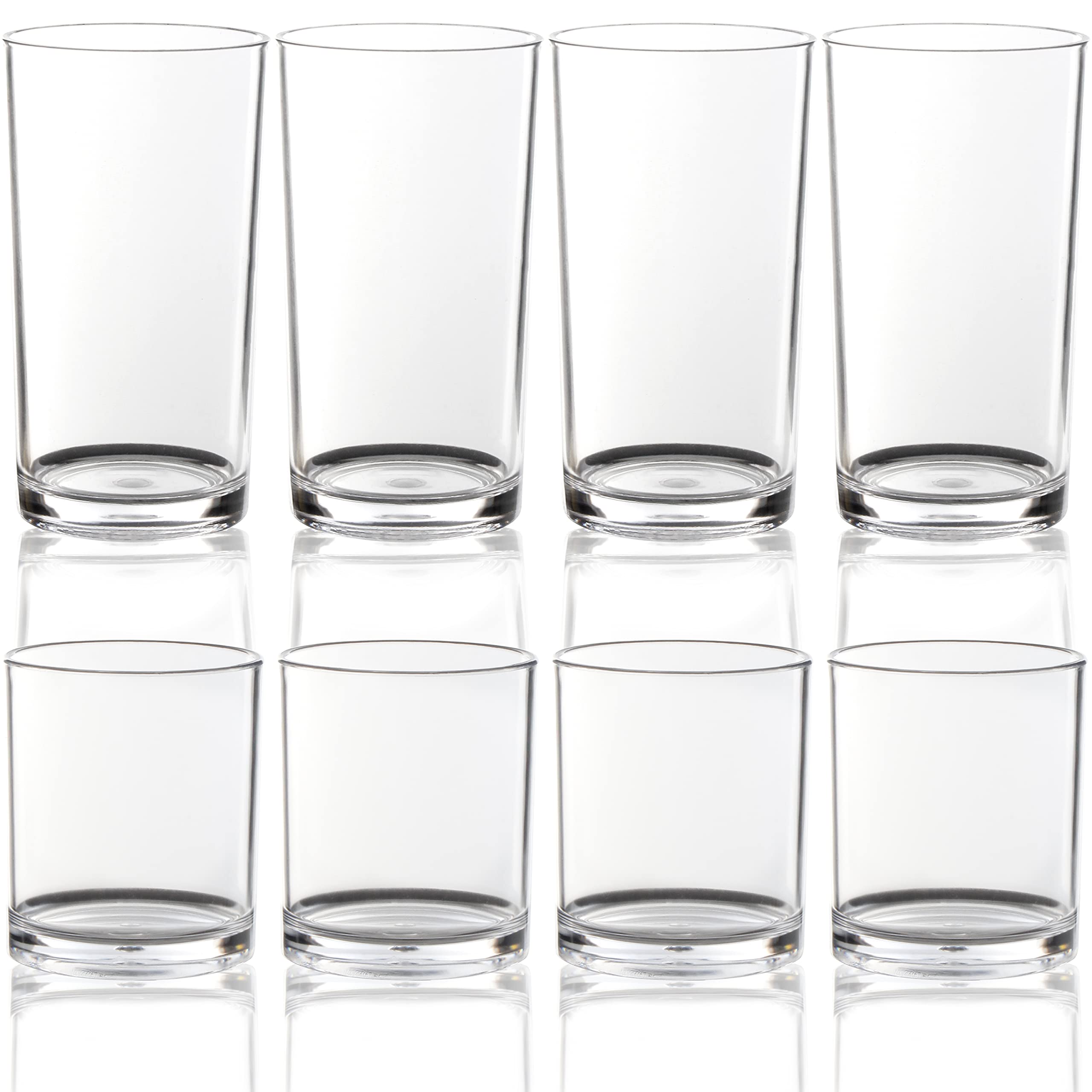 Youngever Set of 8 Plastic Drinking Tumblers, Old Fashion Plastic Glasses, Reusable Plastic Cups for Whiskey and Beer (12 ounce & 16 ounce)