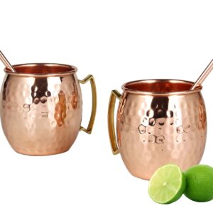 COPPER BAR COCKTAILS 29 Moscow Mule 100% Solid Pure Copper Mug/Cup (16-Ounce/Set of 2, Hammered)