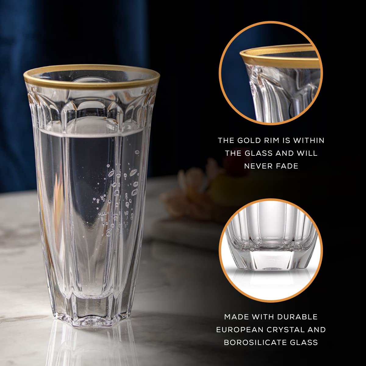 JoyJolt Windsor Gold Rim Highball Glasses Set of 2 Crystal Bar Glasses, 8.7oz Drink Glasses. Highball Glass Set made in Europe. Cocktail Glasses, Tall Glass Tumbler Cup, Water Drinking Glasses…