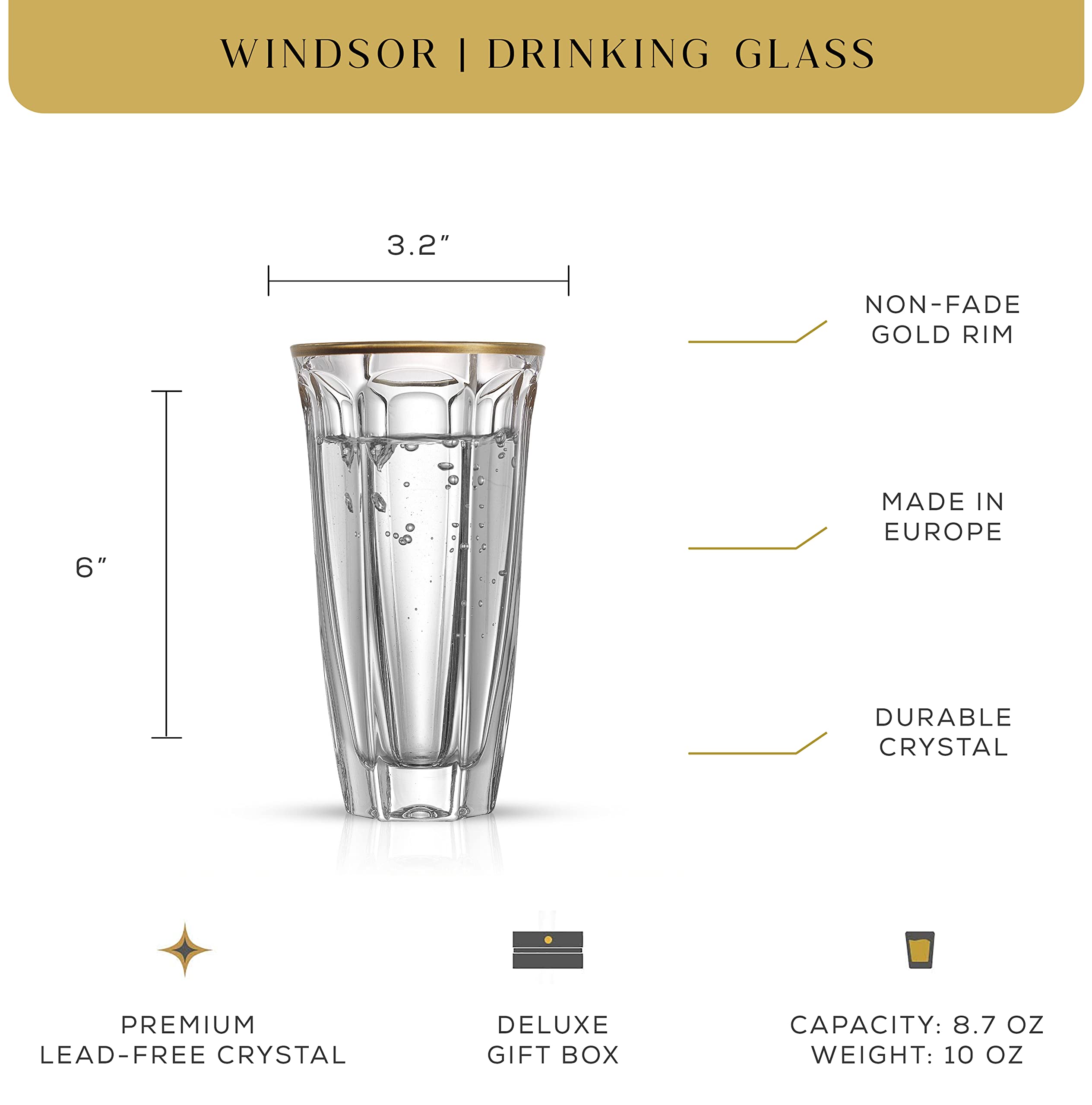 JoyJolt Windsor Gold Rim Highball Glasses Set of 2 Crystal Bar Glasses, 8.7oz Drink Glasses. Highball Glass Set made in Europe. Cocktail Glasses, Tall Glass Tumbler Cup, Water Drinking Glasses…