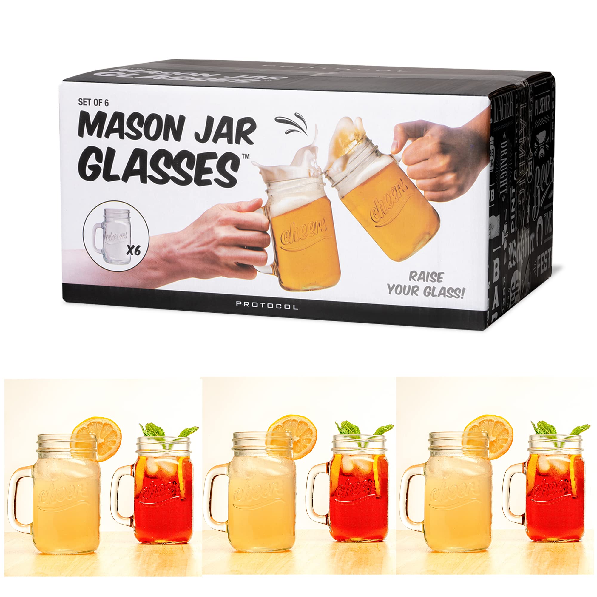 Protocol Mason Jar Glasses with Handles | Set of 6 | 16 Oz | Dishwasher Safe Drinking Glasses | Perfect for wedding showers, backyard BBQs | Great stocking stuffer, party favor or gift…