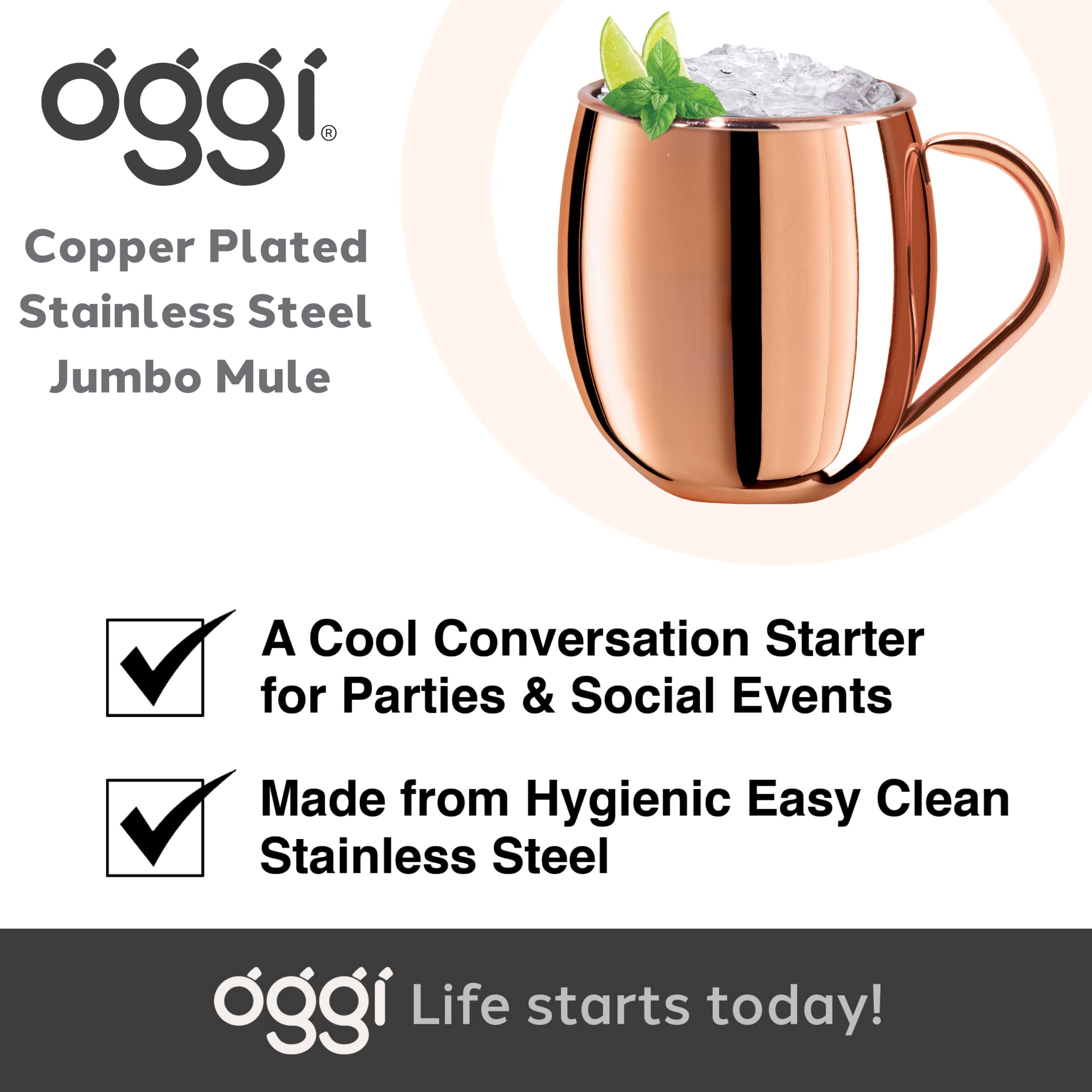 Oggi Jumbo Stainless Steel Moscow Mule Mug- 102oz Copper Plated Moscow Mule Cup, Cocktail Cart & Home Bar Accessories, Moscow Mule Mugs Make Great Gifts