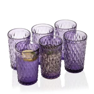 everest global purple highball drinking glasses set of 6 colored glass cups 11oz embossed with geometric diamond pattern solid color vintage water for tea juice and more