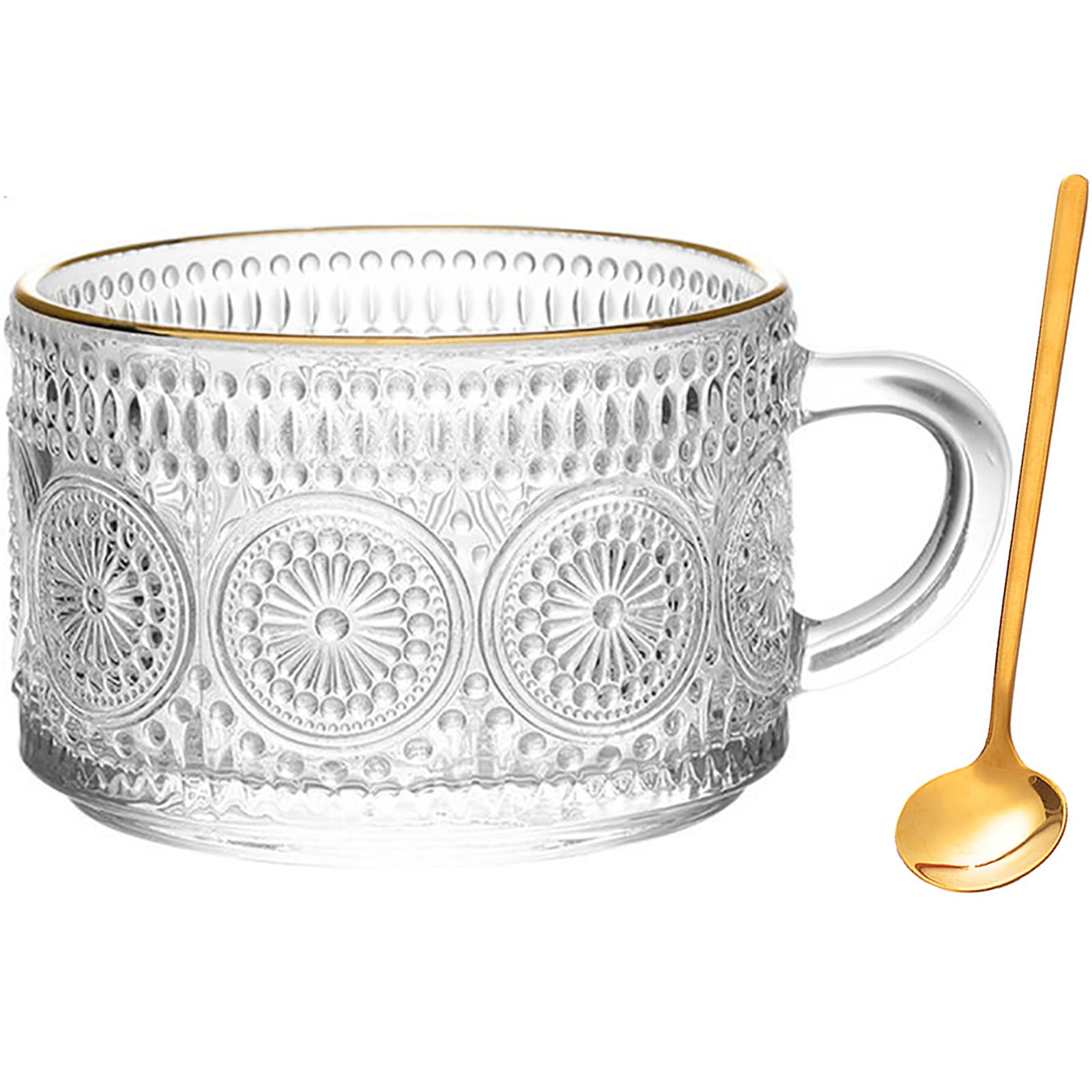 SZHTSWU Vintage Glass Coffee Mug, 14 Ounces Clear Embossed Glass Cup with Gold Rim, Breakfast Cups with Gold Spoon, Drinking Glasses with Handle for Latte, Milk, Cereal, Beverages (Sunflower)