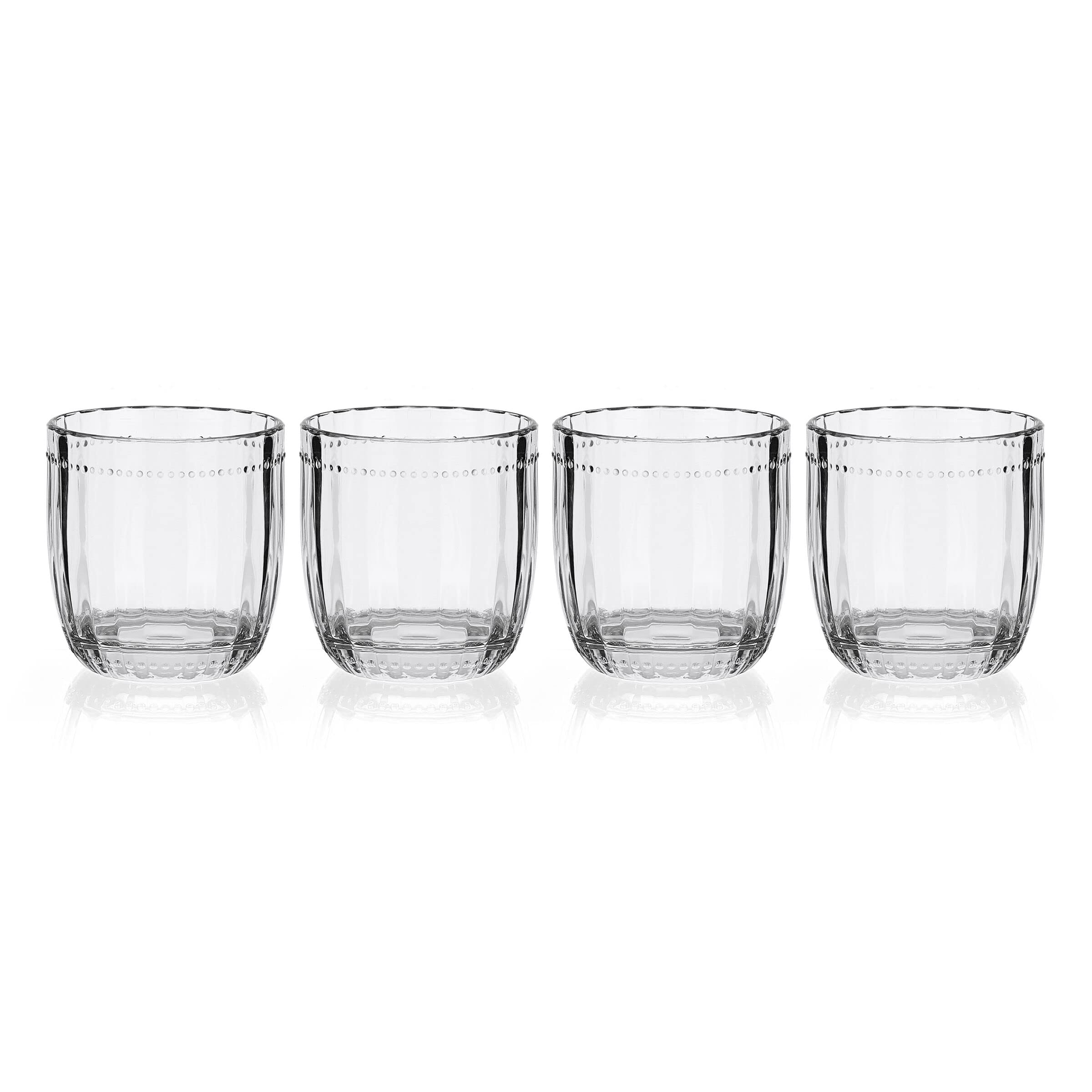 Everyday White by Fitz and Floyd Beaded Double Old Fashioned Beverage Rocks Glass, Set of 4, Clear