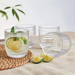 Everyday White by Fitz and Floyd Beaded Double Old Fashioned Beverage Rocks Glass, Set of 4, Clear