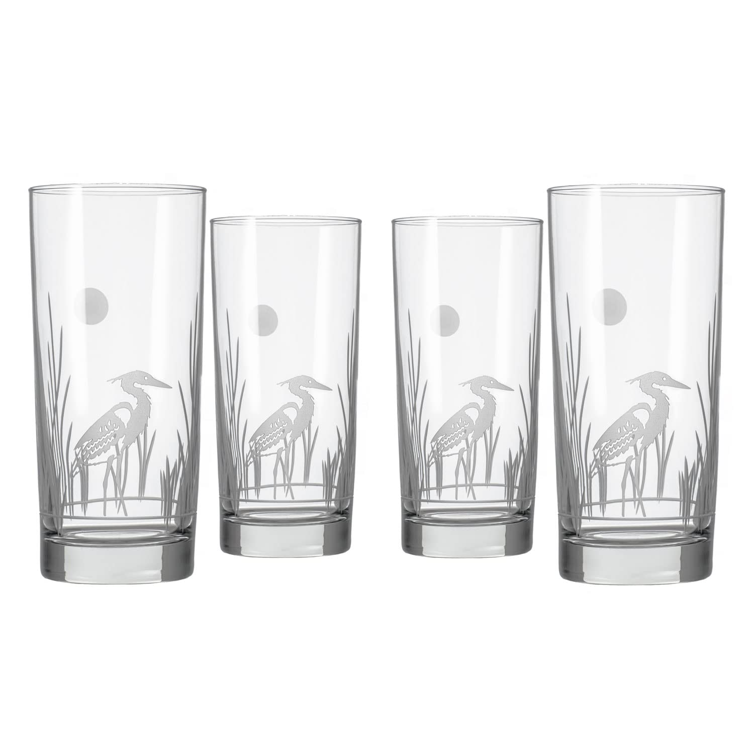 Rolf Glass Heron Highball Glass 15 ounce - Set of 4 Cooler Glasses – Lead-Free Glass - Engraved Drinking Glass with Heavy Base - Designed and Engraved in the USA