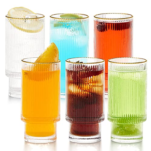 6 Pack 11oz Gold Rimmed Drinking Glasses Origami Style Set of Glass Cups, 6 Highball Glasses, Elegant Ripple Vintage Glassware, Iced Coffee Glasses, Ideal for Wedding, Whiskey, Beer, Cocktail, Juice