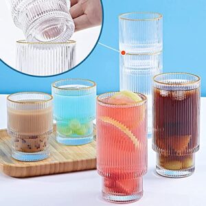 6 Pack 11oz Gold Rimmed Drinking Glasses Origami Style Set of Glass Cups, 6 Highball Glasses, Elegant Ripple Vintage Glassware, Iced Coffee Glasses, Ideal for Wedding, Whiskey, Beer, Cocktail, Juice