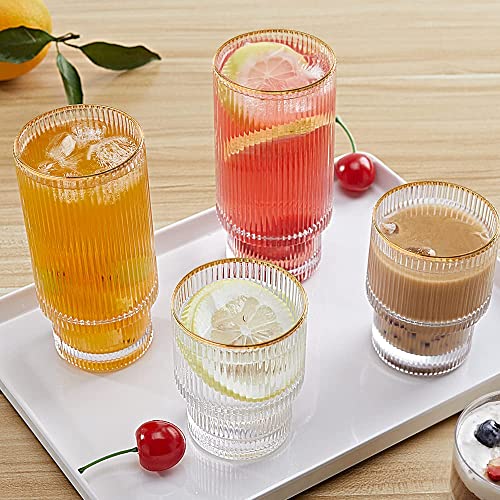 6 Pack 11oz Gold Rimmed Drinking Glasses Origami Style Set of Glass Cups, 6 Highball Glasses, Elegant Ripple Vintage Glassware, Iced Coffee Glasses, Ideal for Wedding, Whiskey, Beer, Cocktail, Juice