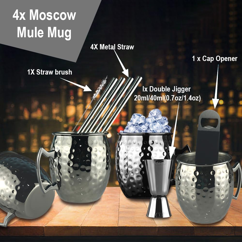 Metaspl Moscow Mule Mugs Set of 4 Black Plated Hammered Cups Stainless Steel 18oz for Cocktails Drinks