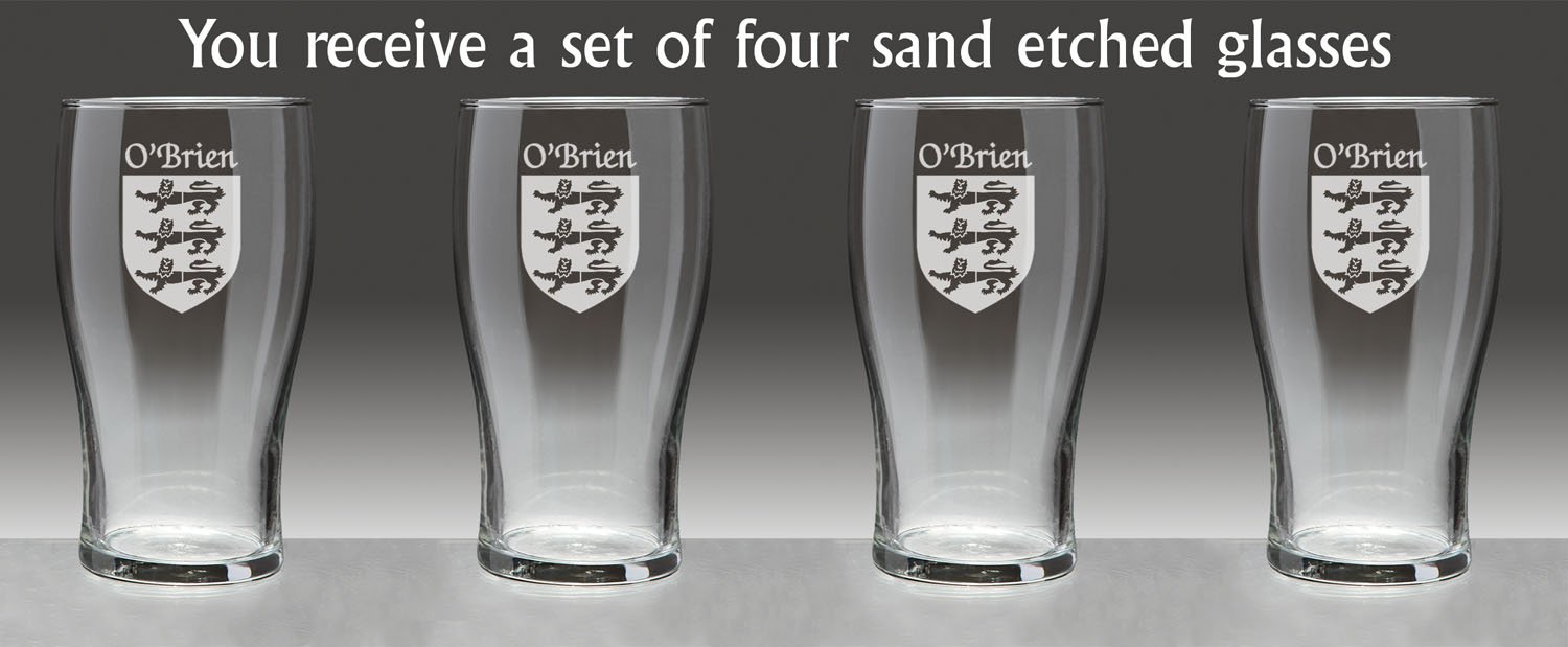 O'Brien Irish Coat of Arms Tavern Glasses - Set of 4 (Sand Etched)