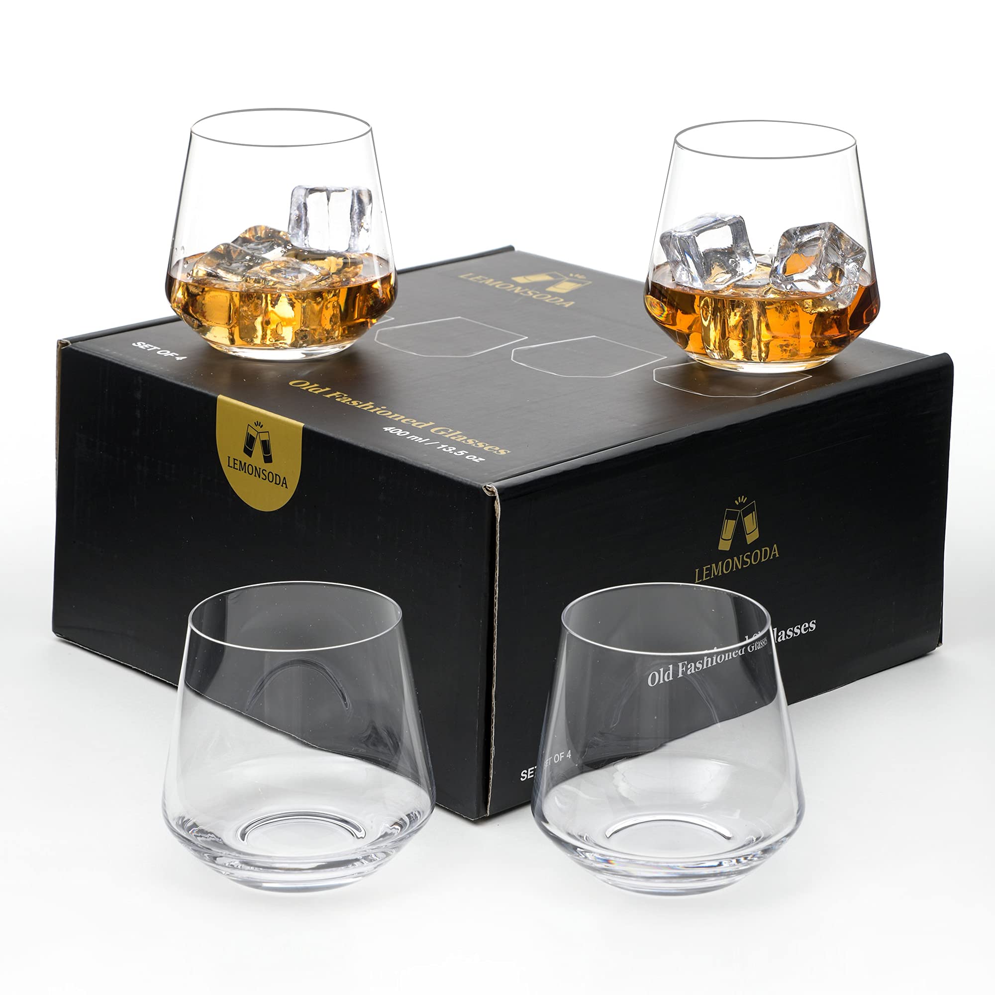 LEMONSODA High-End Double Rocks Glasses (Set of 4) – Lead-Free Crystal – Perfect for Scotch, Bourbon, Old-Fashioned – 400mL Capacity – Gift Box Included.