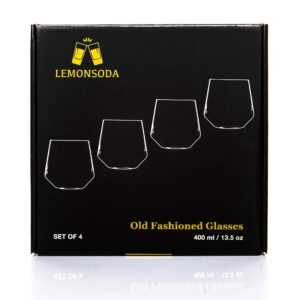 LEMONSODA High-End Double Rocks Glasses (Set of 4) – Lead-Free Crystal – Perfect for Scotch, Bourbon, Old-Fashioned – 400mL Capacity – Gift Box Included.