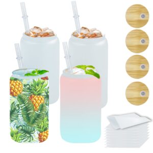 bexbchh 4pack 16oz sublimation glass blanks with bamboo lid, frosted sublimation beer can glass, borosilicate glasses tumbler mason jar cups mug with plastic straw for iced coffee, juice, soda, drinks