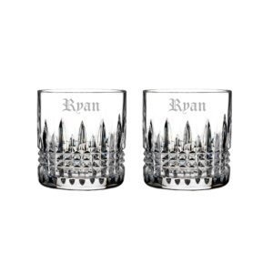 waterford personalized lismore connoisseur diamond straight sided tumblers, set of 2 custom engraved cut crystal rocks glasses for scotch, bourbon, whiskey